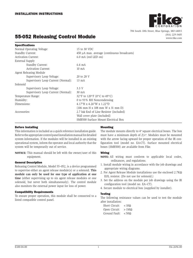 55-052 Releasing Control Module: Installation Instructions | PDF | Electromagnetic Interference ...