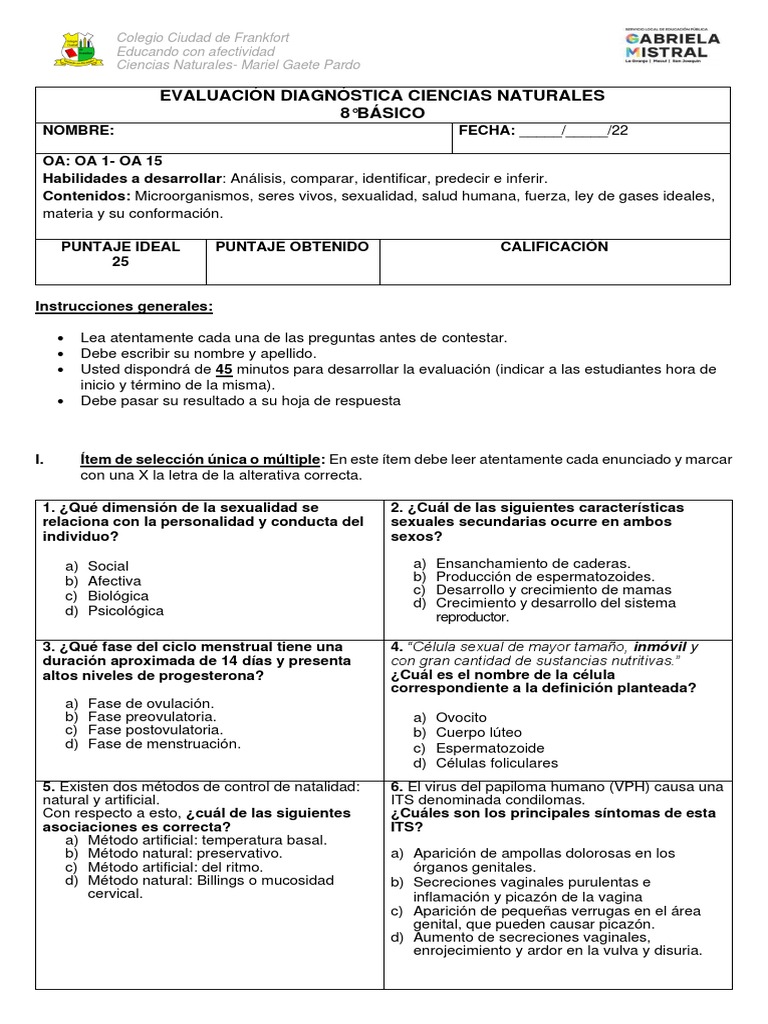 Evaluación Diagnóstica Ciencias Naturales 8° Básico | PDF