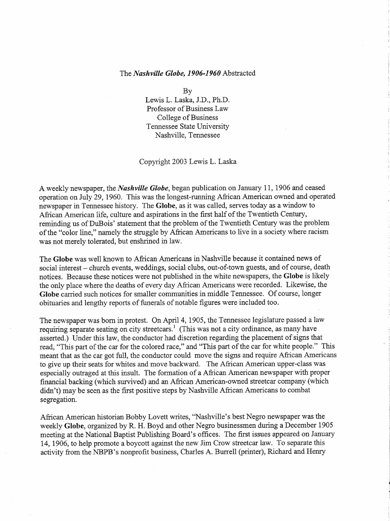 History of The Nashville Globe by Lewis Laska | PDF | Newspapers ...