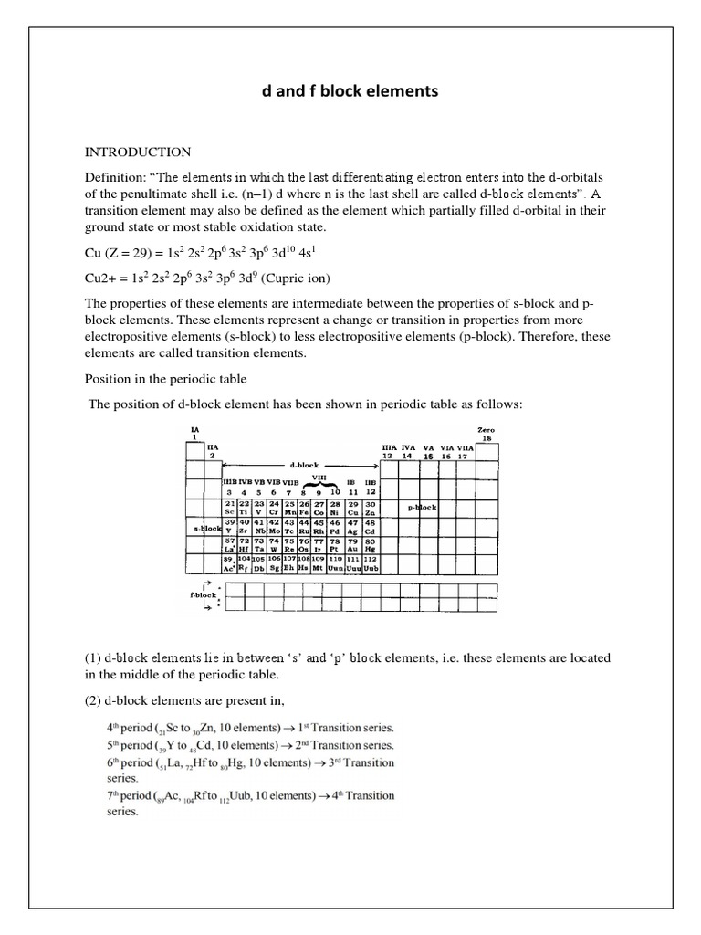D and F Block Elements | PDF | Transition Metals | Electron Configuration