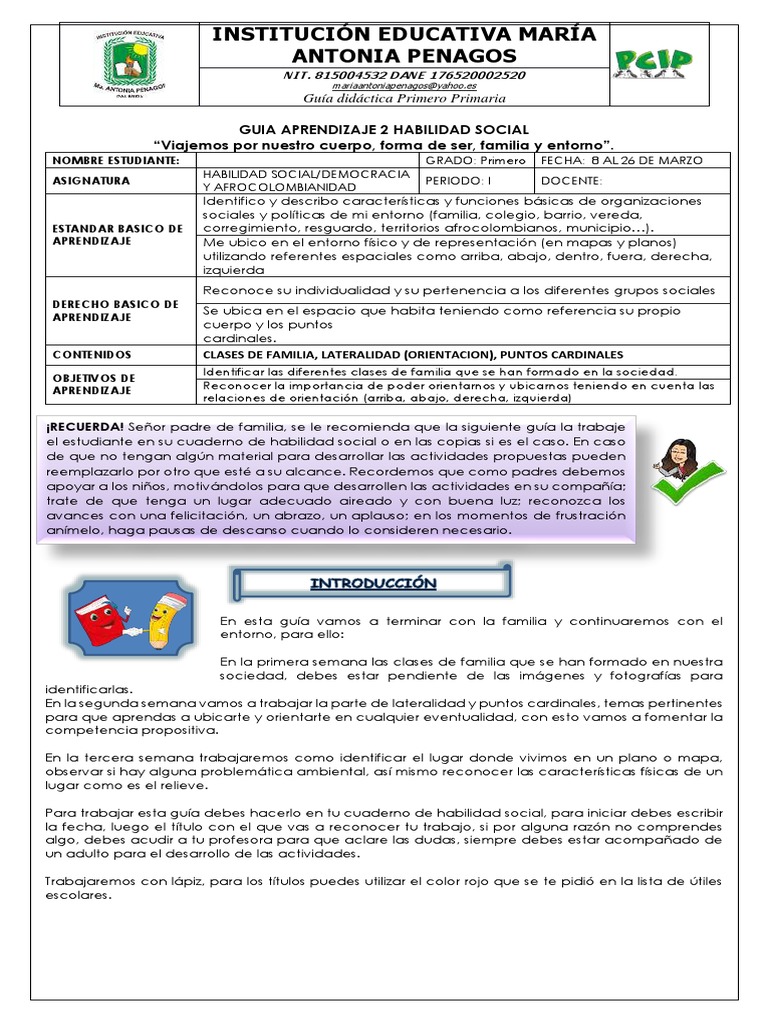 Guia 2 Habilidad Social Grado Primero 8 Al 26 de Marzo | PDF | Maestros ...