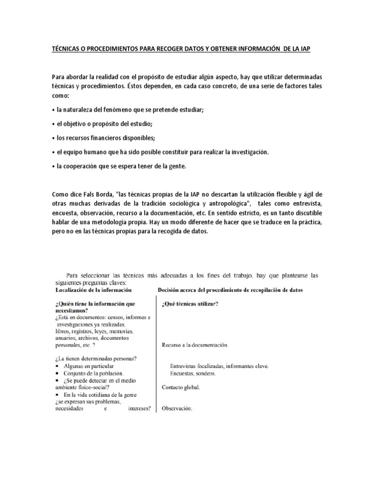 Técnicas o Procedimientos para Recoger Datos y Obtener Información de ...