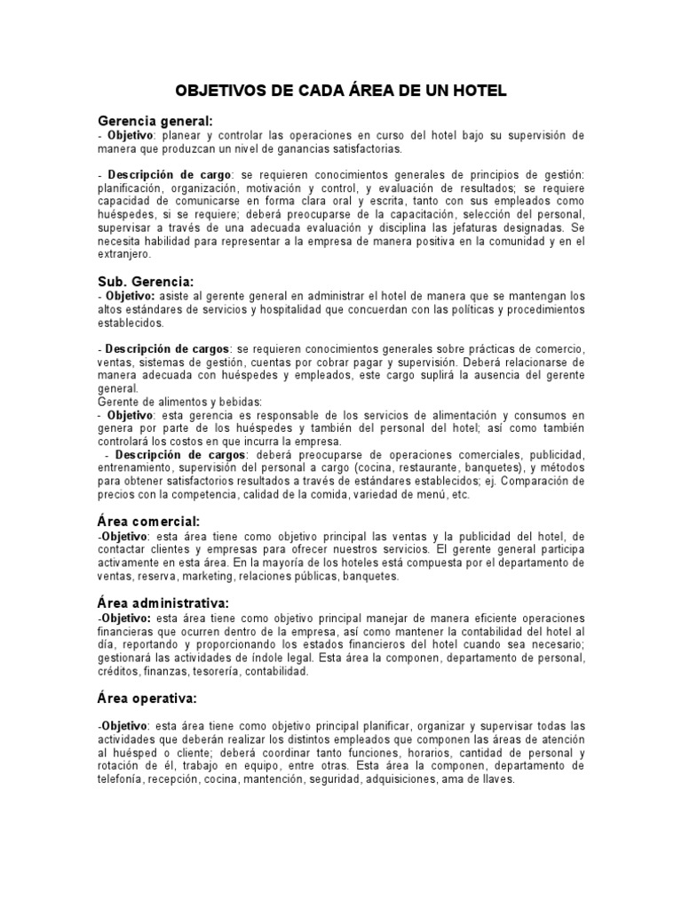 Objetivos de Cada Area de Un Hotel | PDF | Hotel | Efectivo