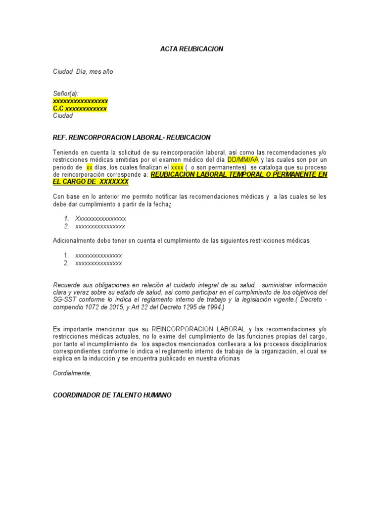 Acta Reubicacion Laboral | PDF