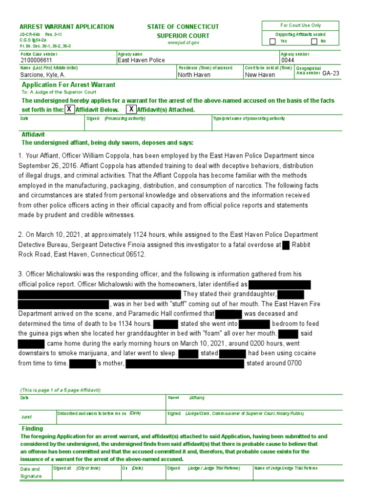 Kyle Sarcione Superior Court Arrest Warrant (Redacted) | PDF ...
