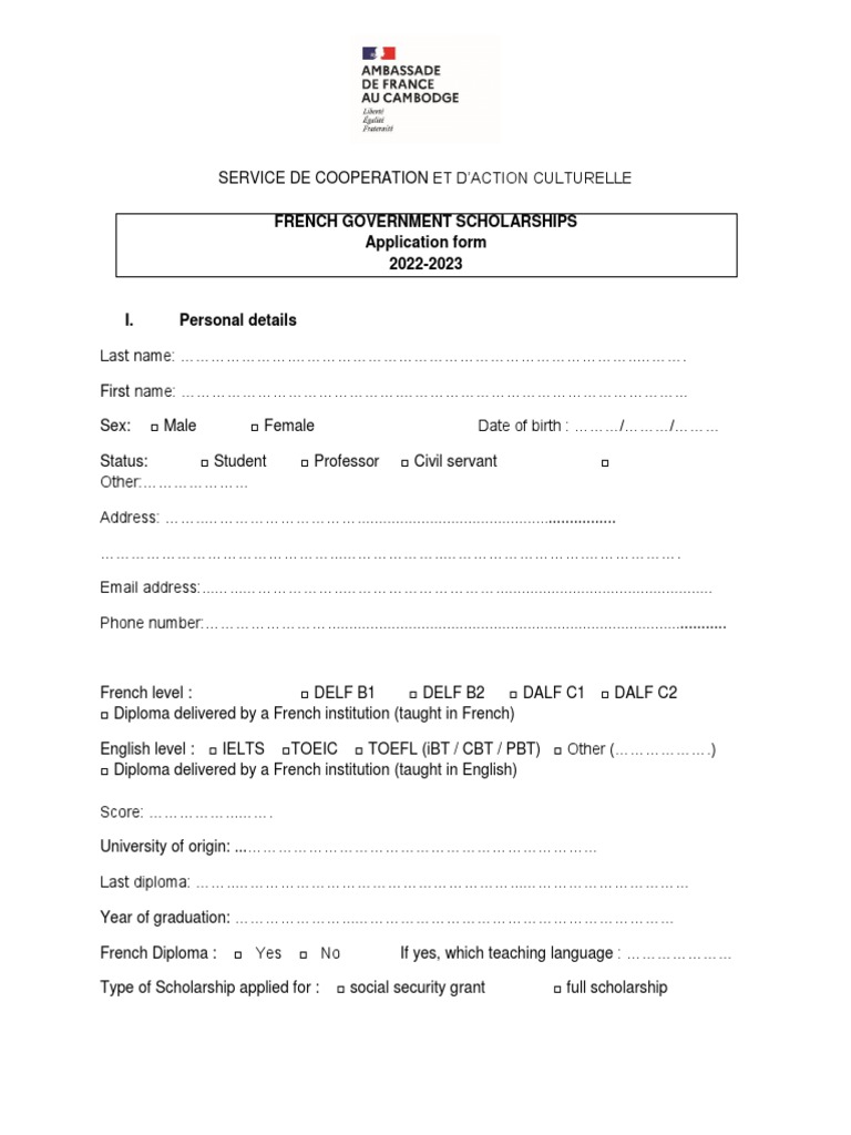 French Government Scholarships Application Form 2022-2023 | PDF ...