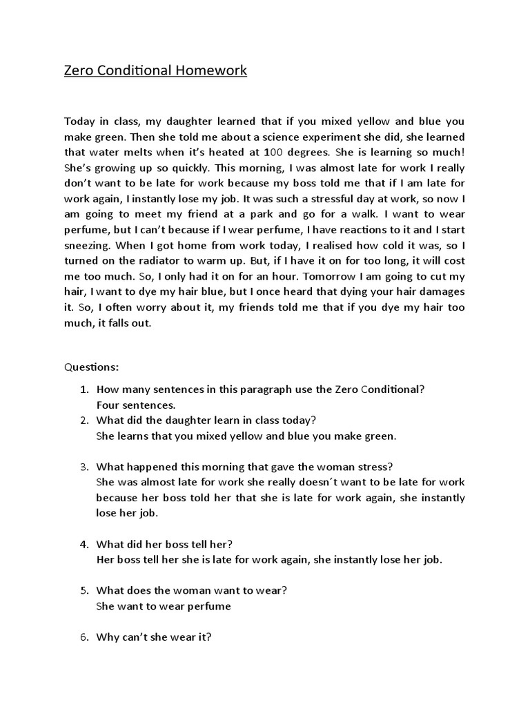 Zero Conditional Reading Comprehension Sheet Reading Comprehension ...