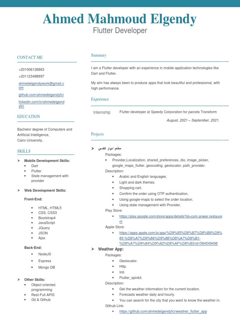 Ahmed Elgendy Flutter Developer Cv Pdf Mobile App Computer Science 