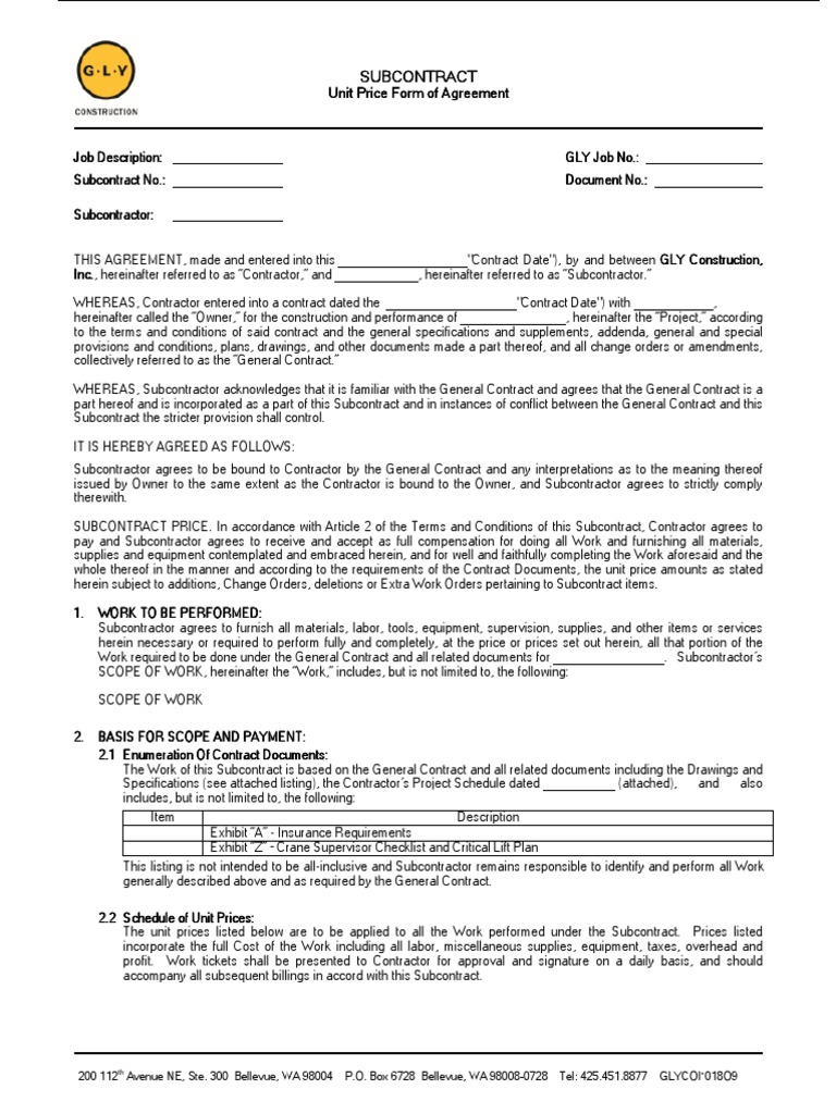 Unit Price Subcontract PDF | PDF | Indemnity | Insurance