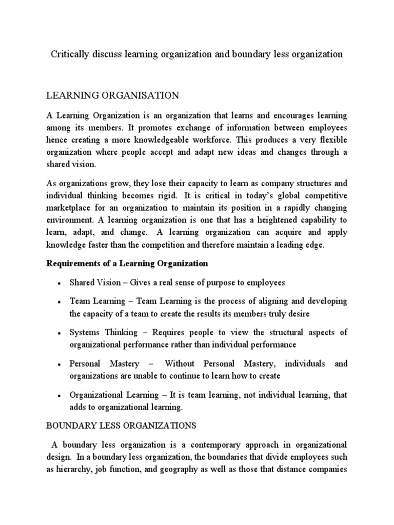 Critically Discuss Learning Organization and Boundary Less Organization ...