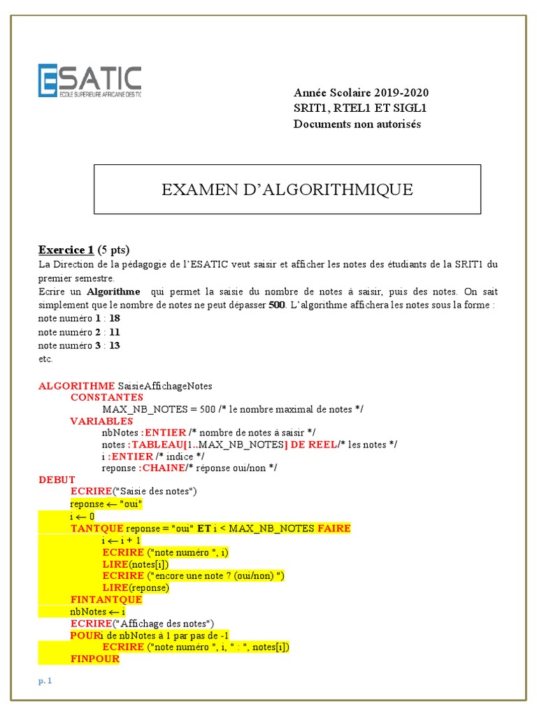1 Srit1 Devoir N°1 Initiation Algorithmique 2018 - 2019 Examen ...
