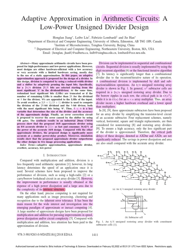 Adaptive Approximation In Arithmetic Circuits A Low Power Unsigned Divider Design Pdf 4629