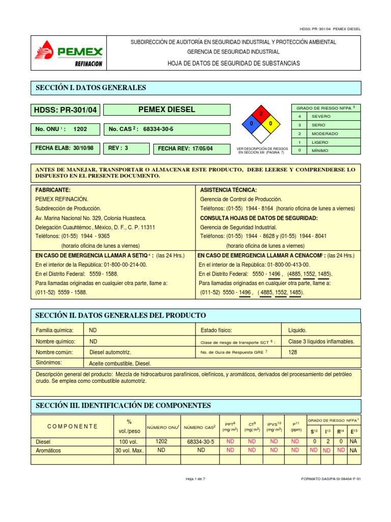 Hoja de Seguridad Diesel Pemex 2025 | PDF | Tecnología