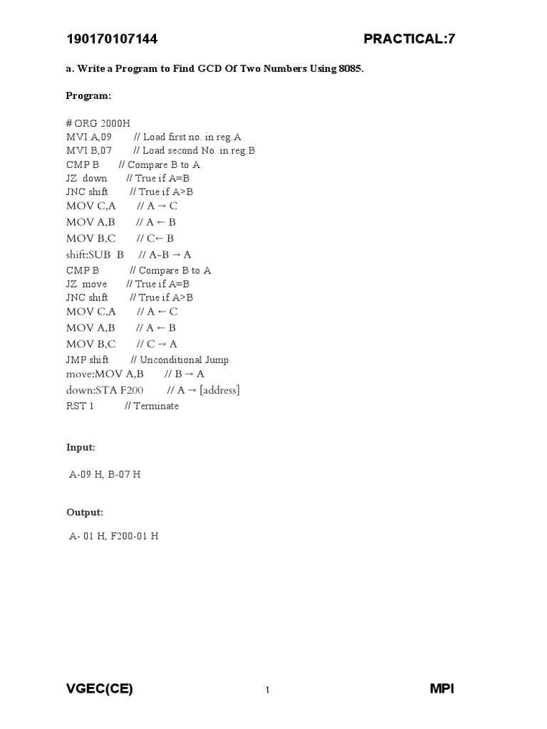 Practical:7: A. Write A Program To Find GCD of Two Numbers Using 8085 ...