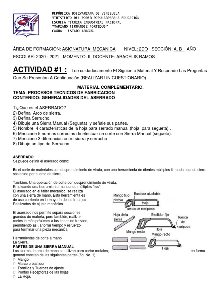 Generalidades Del Aserrado | PDF | Herramientas | Hoja
