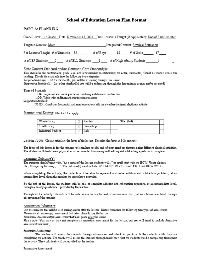 Integrated Physical Education Lesson Plan | PDF