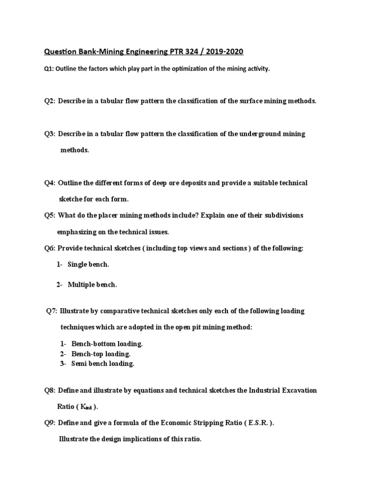 Mining Engineering Question Bank Covering Surface Mining Methods ...