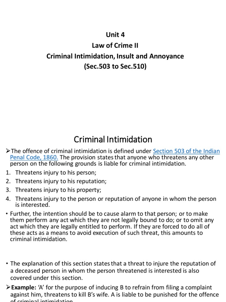 Unit 4 Criminal Intimidation, Insult and Annoyance (Law of Crime II ...
