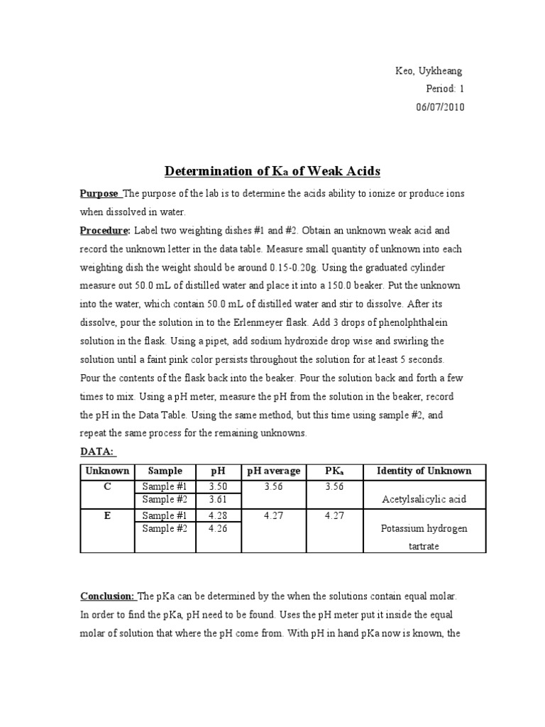 Determination of Ka of Weak Acids | PDF | Acid Dissociation Constant | Ph