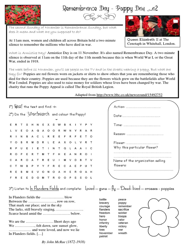 Remembrance Day A2 Wksheet | PDF | Legacies | United Kingdom