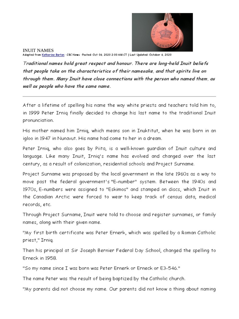 Inuit Names Project Surname | PDF | Inuit | Canada