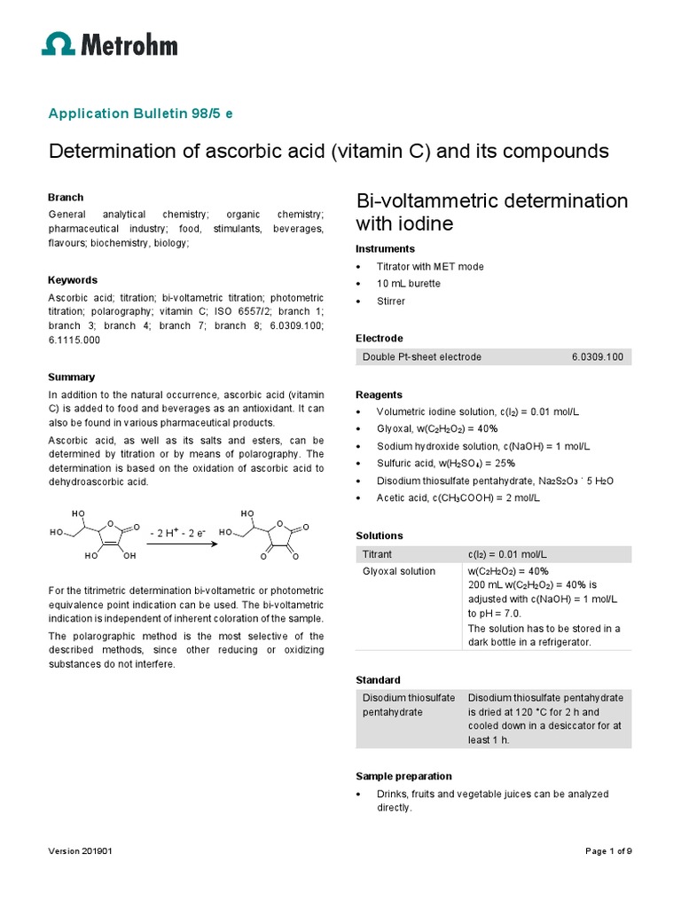 Determination of Ascorbic Acid (Vitamin C) and Its Compounds | PDF ...