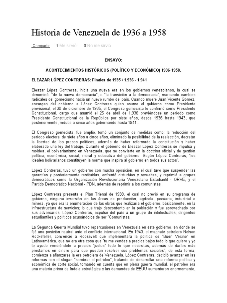 Historia de Venezuela de 1936 A 1958 | PDF | Venezuela | Gobierno