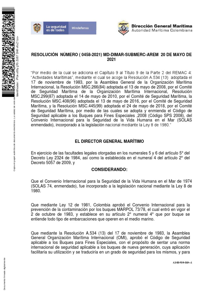 Resolucion 0458-2021 ADOPCION CODIGO SPS | PDF