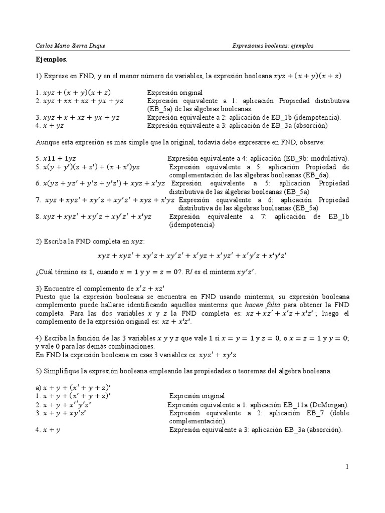 Ejemplo Expresiones Booleanas Udea | PDF | Álgebra de Boole | Enseñanza ...