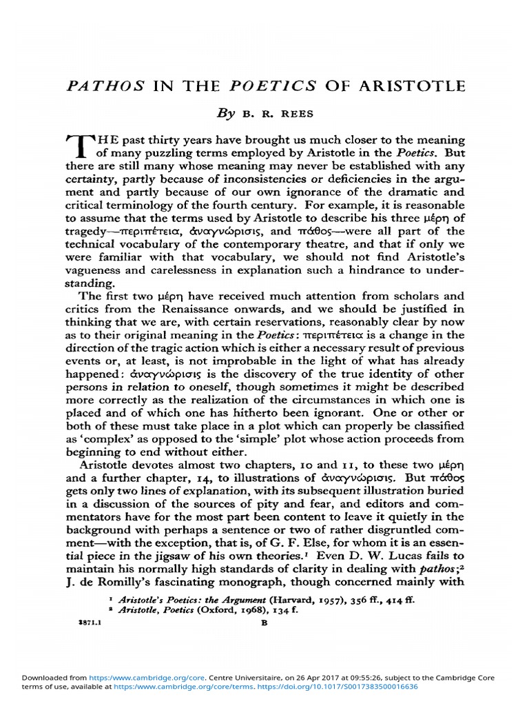 Pathos in The Poetics of Aristotle: by B. R. Rees | PDF | Tragedy ...