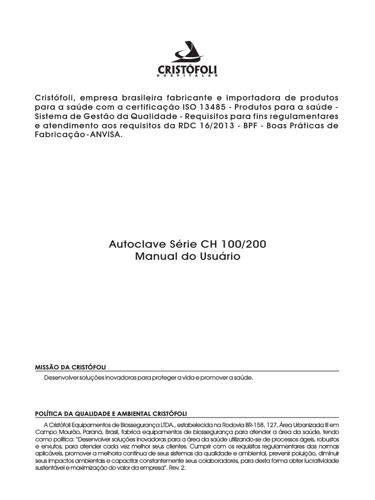 Manual da Autoclave Cristófoli CH 100/200 | PDF | Esterilização ...