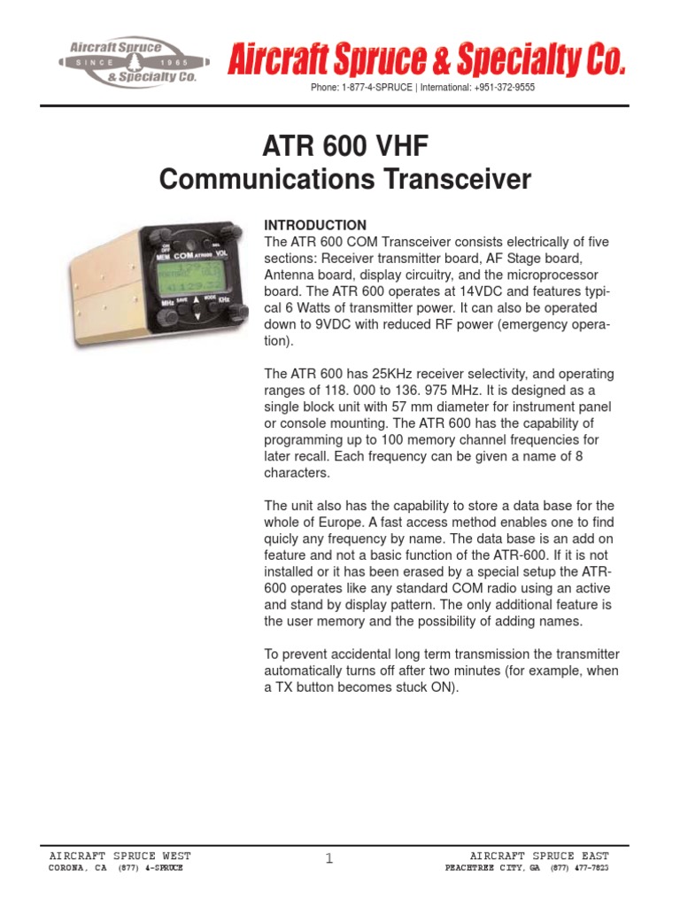 Atr 600 VHF Communications Transceiver: Phone: 1-877-4-SPRUCE ...