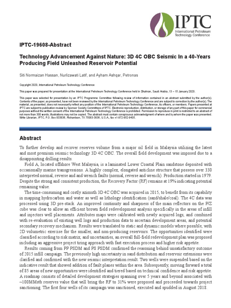 IPTC 19608 Abstract | PDF | Petroleum Reservoir | Reflection Seismology
