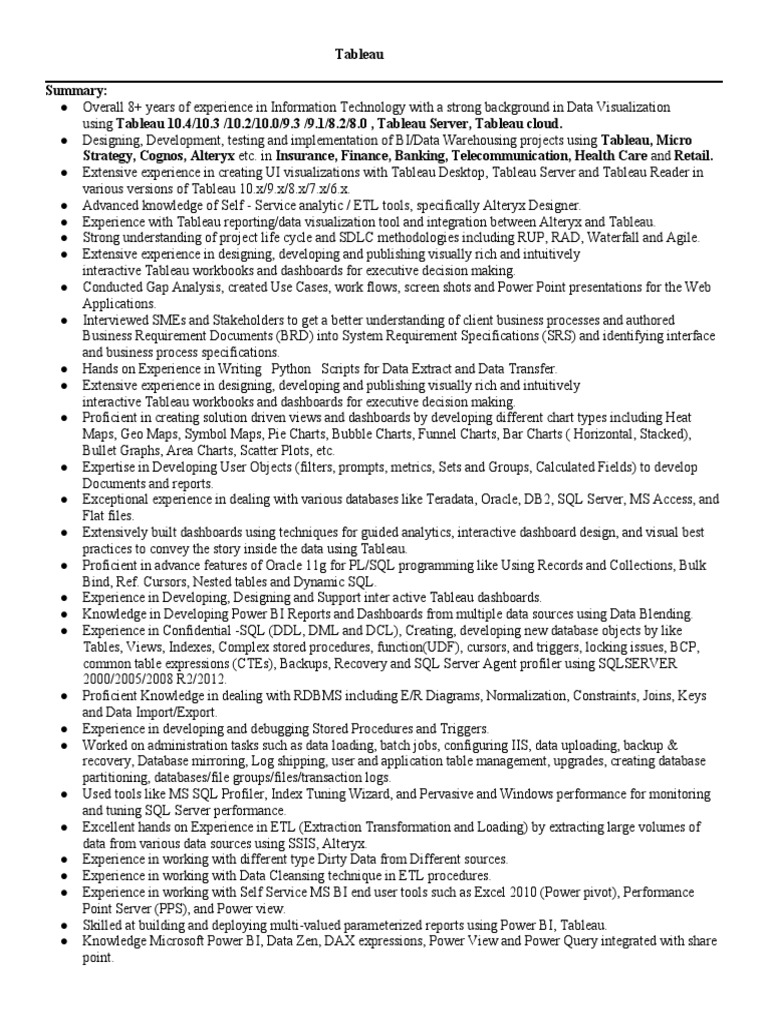 Tableau Resume | PDF | Microsoft Sql Server | Databases