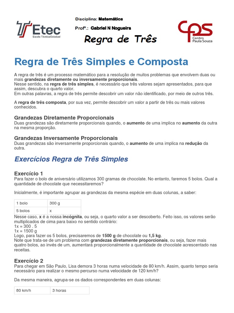 Regra de Três Simples e Composta - Atividade e Conteúdo - Impresso ...
