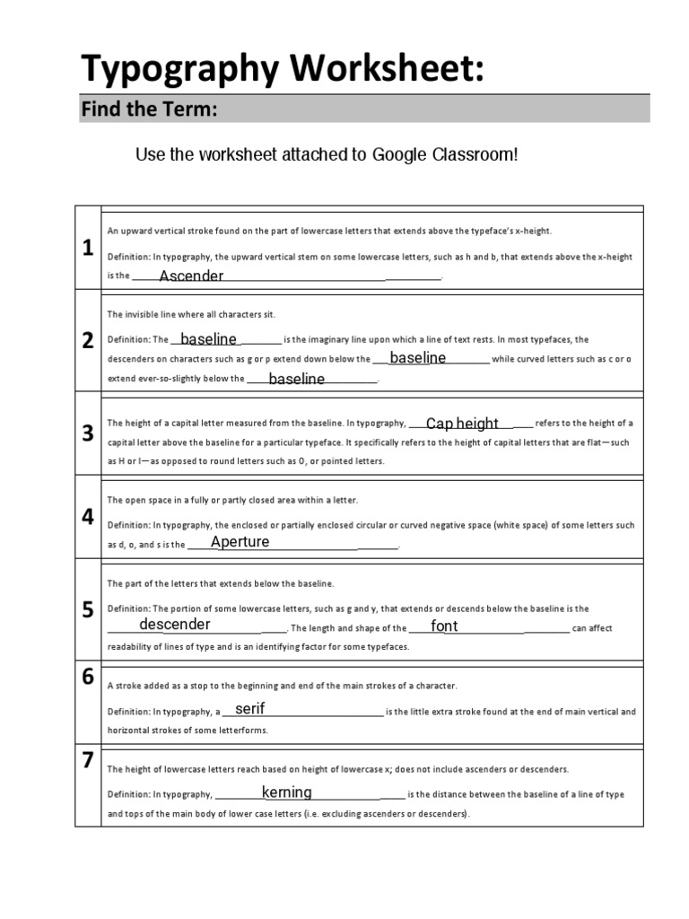 Typography Terms Worksheet | PDF | Typefaces | Typography