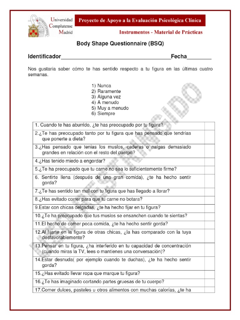 Body Shape Questionnaire (BSQ | PDF