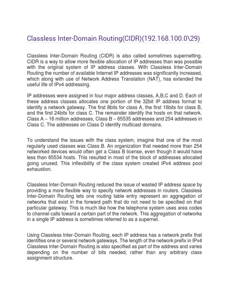 Classless Inter-Domain Routing (CIDR) (192.168.100.0/29) | PDF | Ip Address | Telecommunications