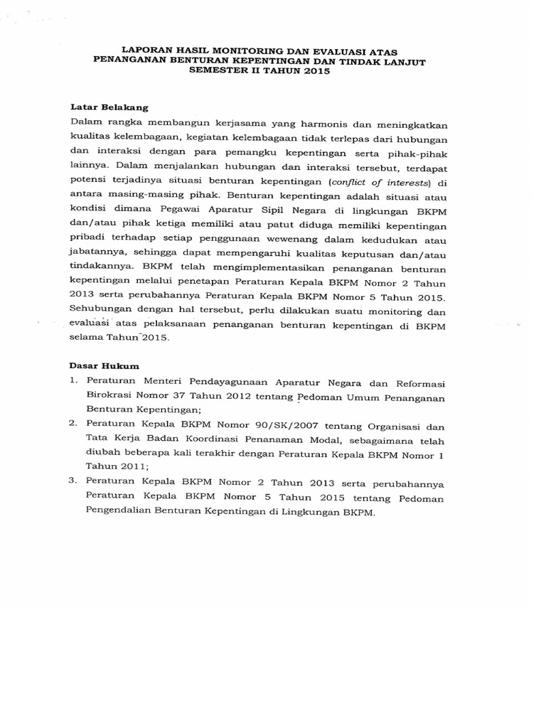 Laporan Hasil Monitoring Dan Evaluasi Atas Penanganan Benturan Kepentingan Dan Tindak Lanjut ...
