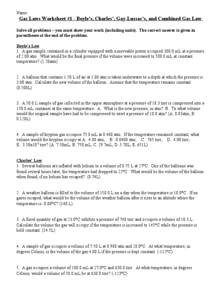 Unit 11 Boyle Charles GayLussac and Combined Gas Law Worksheet Gas WS 1 ...