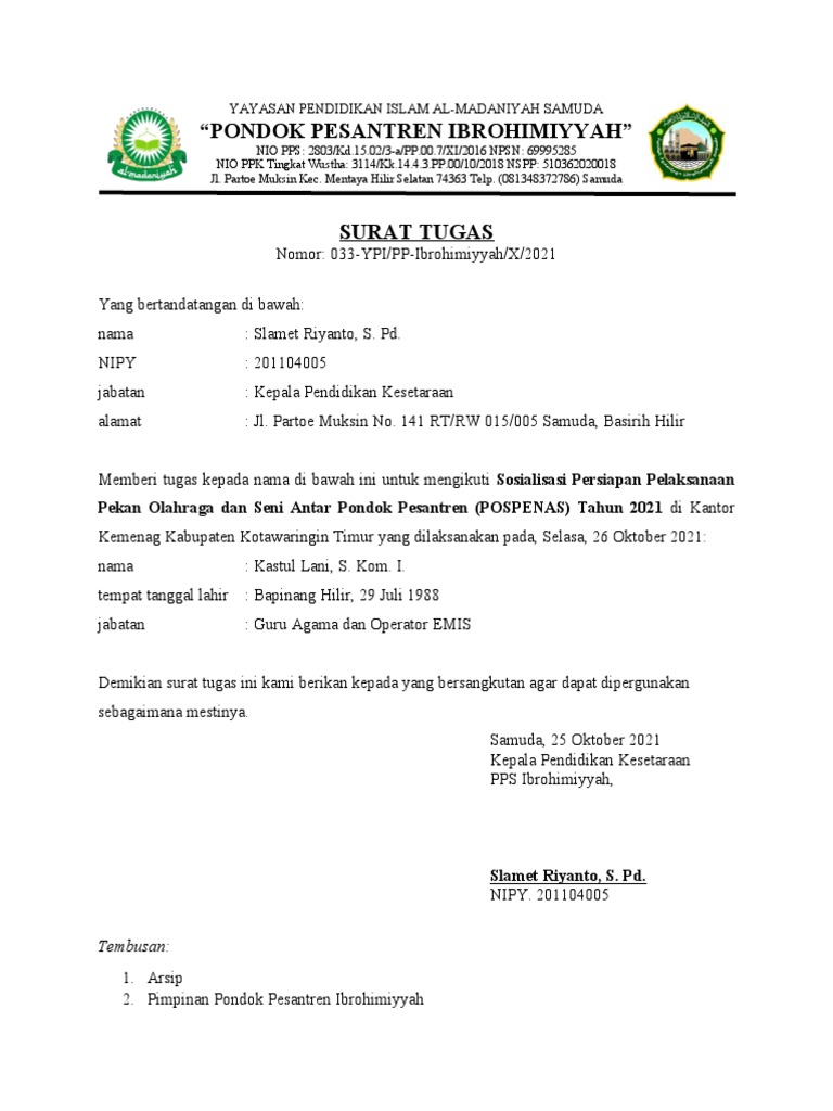 Surat Tugas Pondok Pesantren | PDF