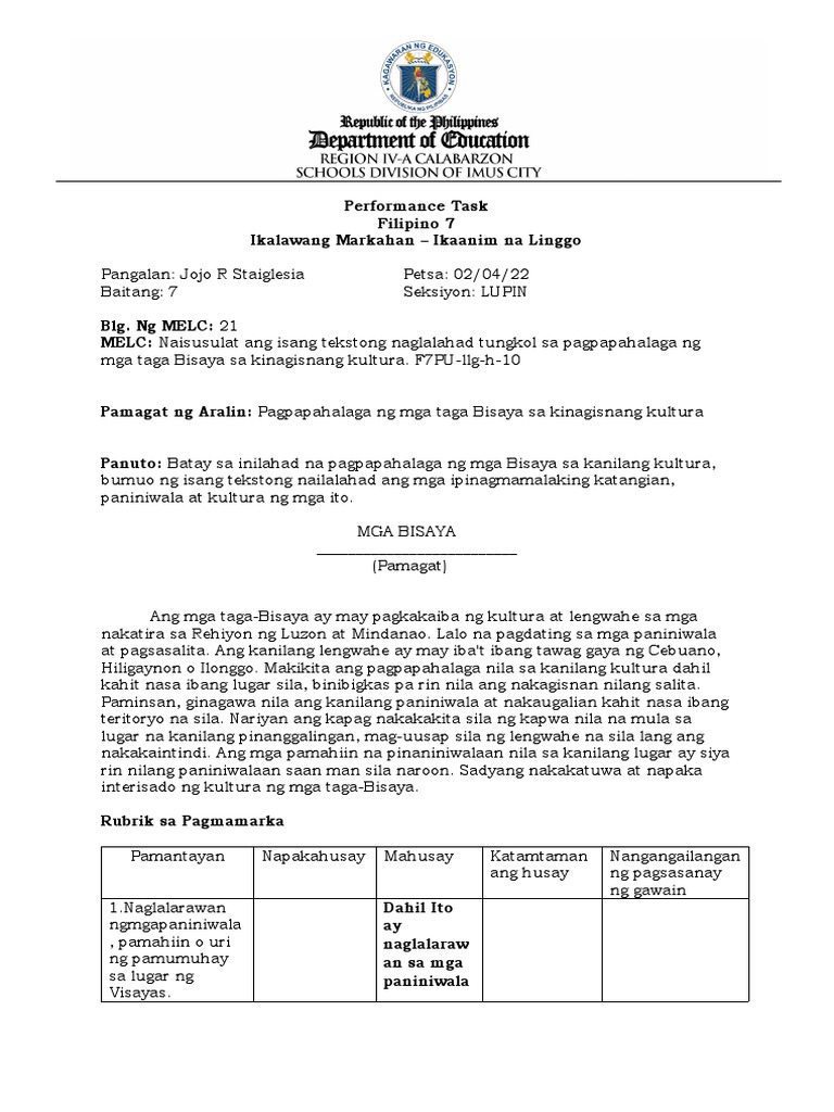 Bbba - FILIPINO - G7 - Q2 - W6 - PERFORMANCE TASK | PDF