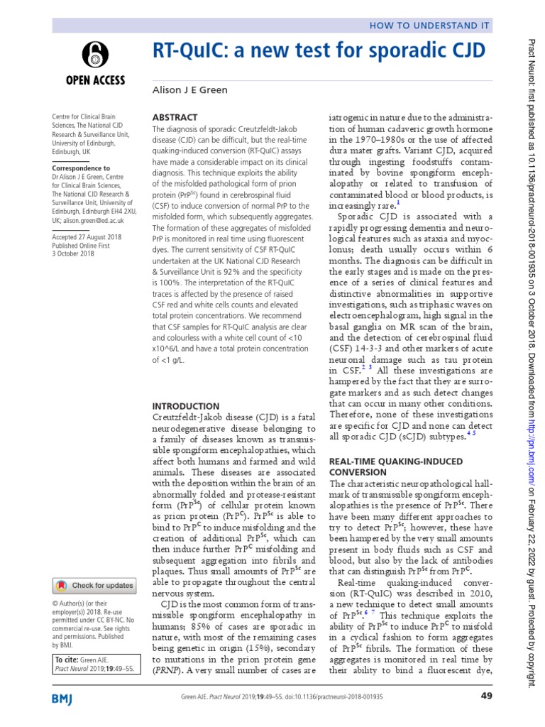 Rt-Quic: A New Test For Sporadic CJD: Alison J E Green | PDF ...