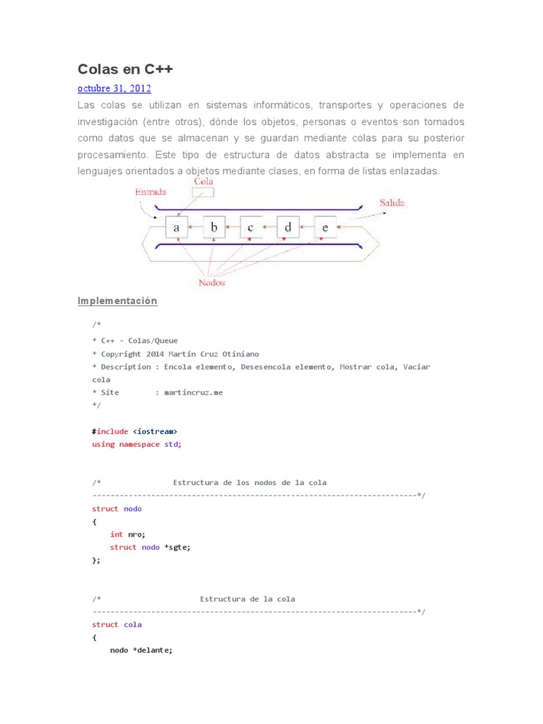 Colas en C++ | PDF | Cola (tipo de datos abstractos) | Algoritmos y ...