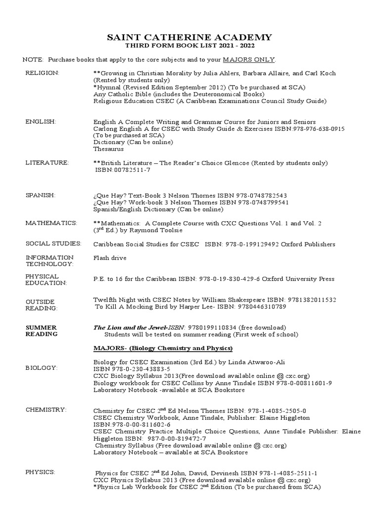 Saint Catherine Academy: Third Form Book List 2021 - 2022 | PDF