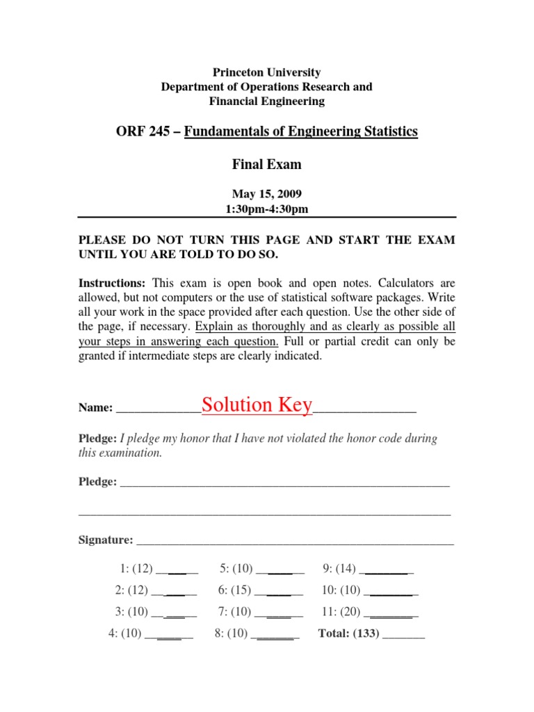 Solution Key: ORF 245 - Fundamentals of Engineering Statistics Final ...