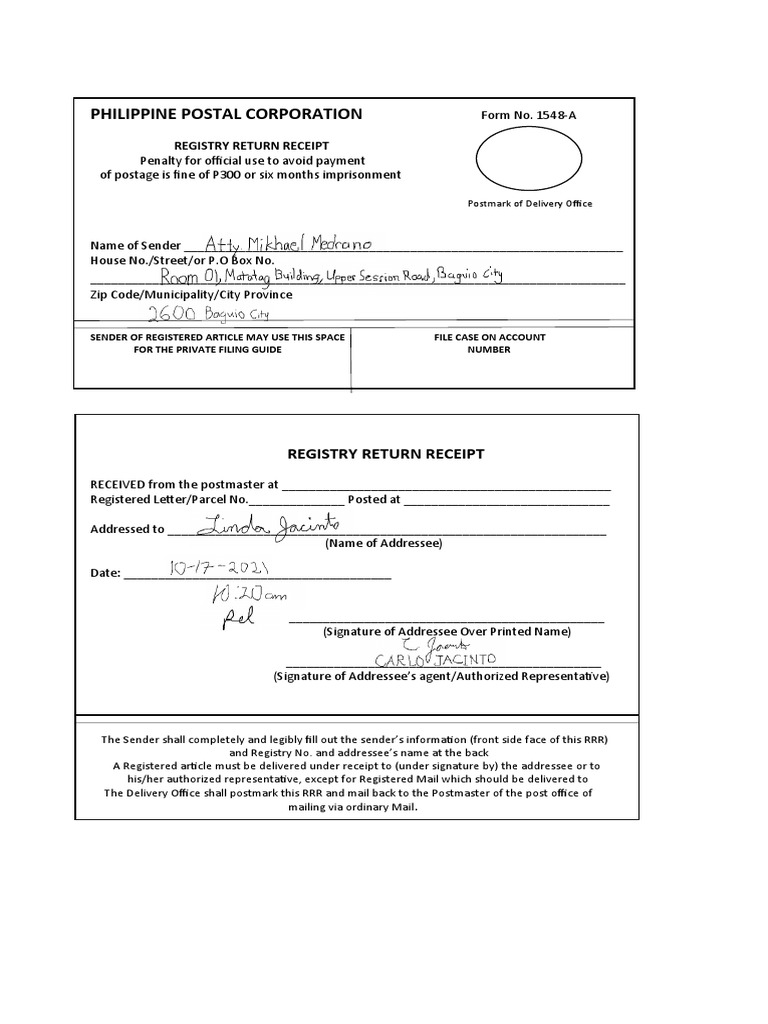 Philippine Postal Corporation: Registry Return Receipt | PDF