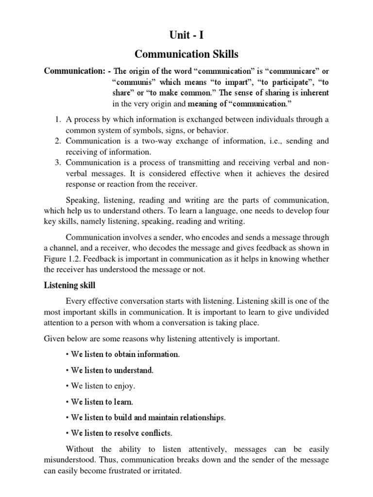 Unit - I Communication Skills: Communication: - The Origin of The Word ...