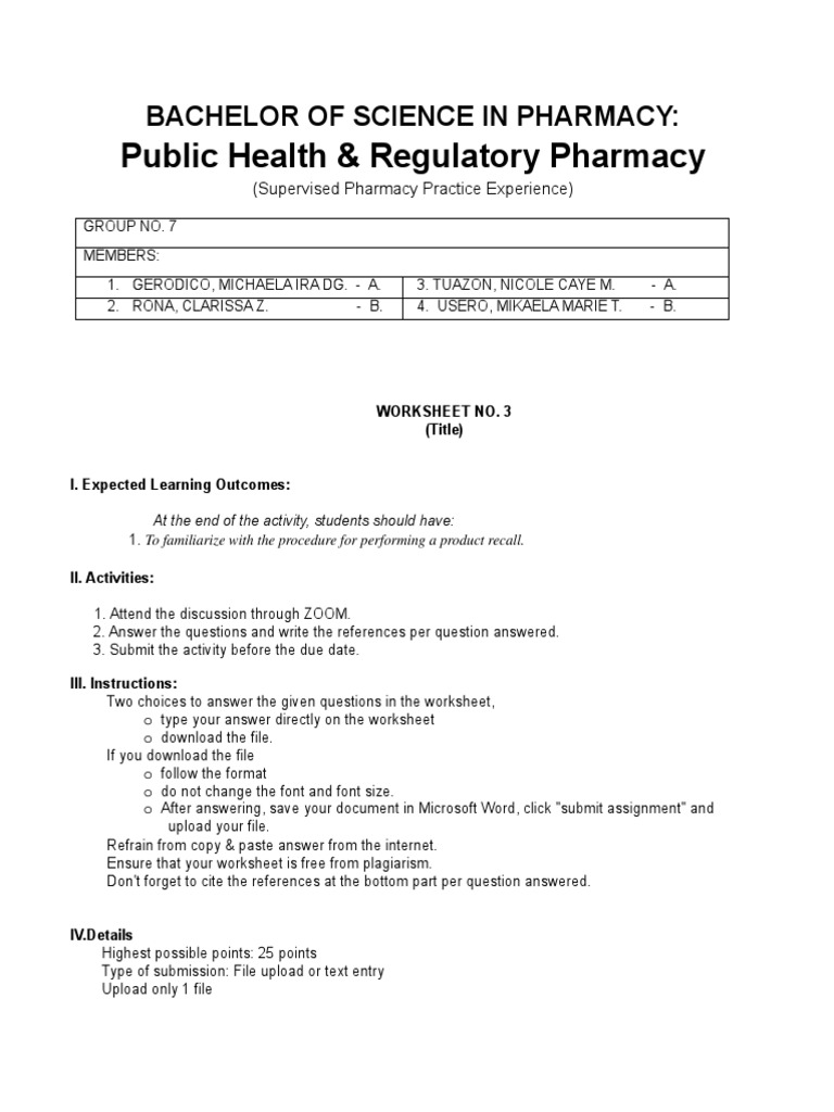 Worksheet 3 | PDF | Pharmacy | Food And Drug Administration