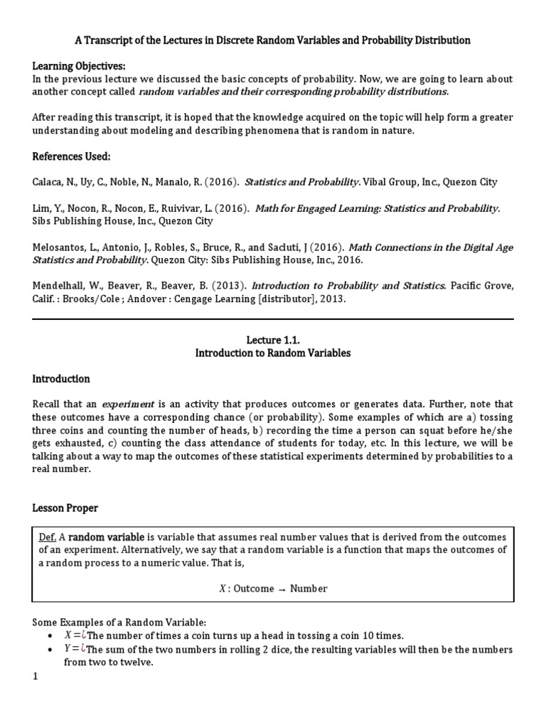 Lecture Transcript 1 (Random Variables and Their Probability Distribution) | Download Free PDF ...